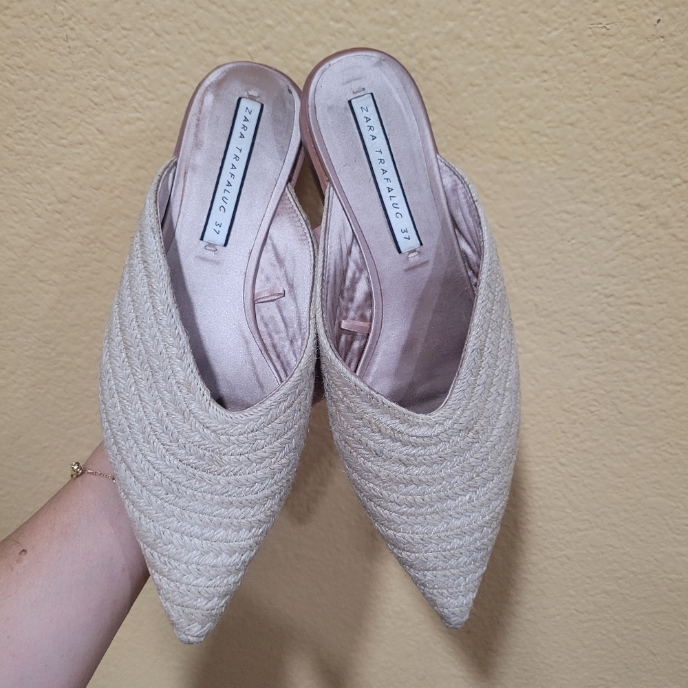 Zara Trafaluc Braided Woven Straw Mules Flats Sandals - Gem